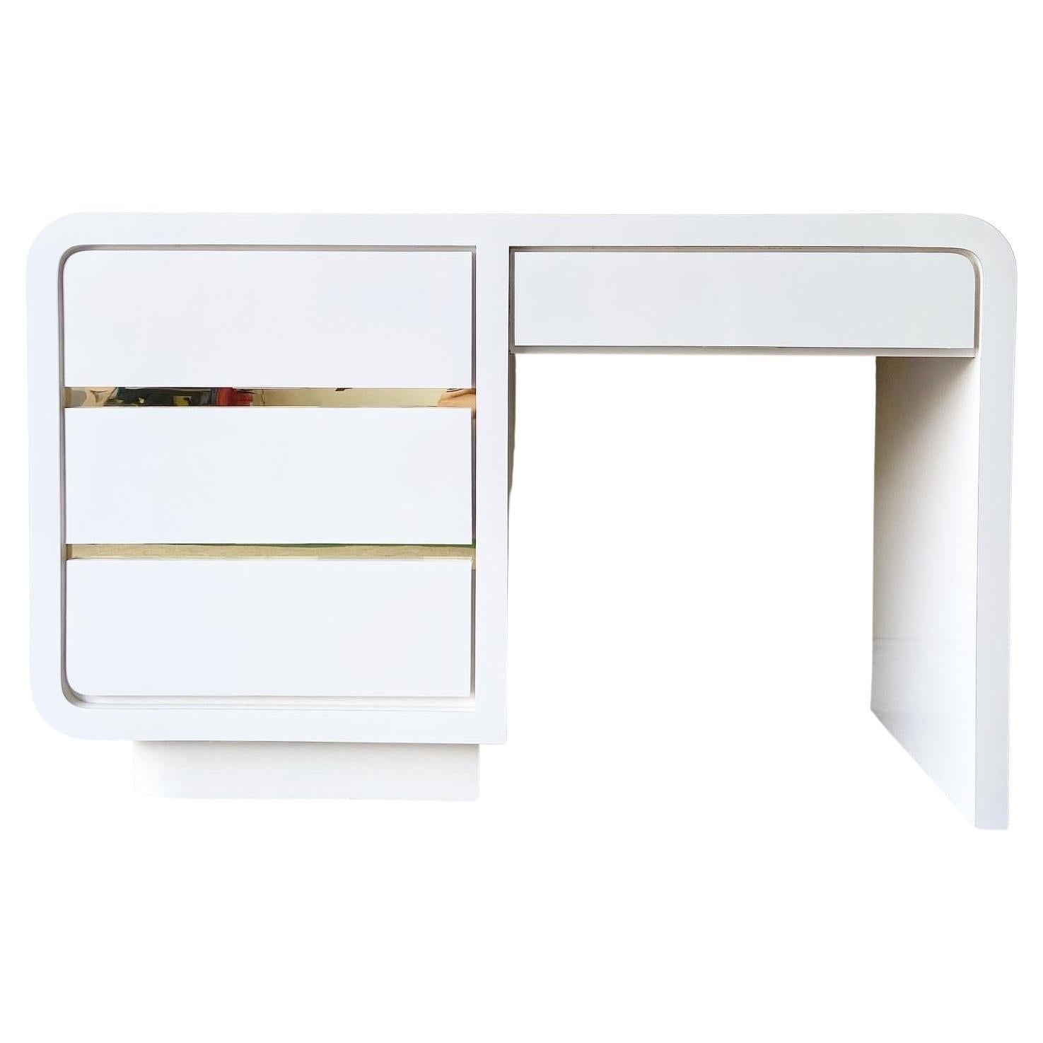 Postmodern White Lacquer Laminate Waterfall Desk with Gold Accents For ...