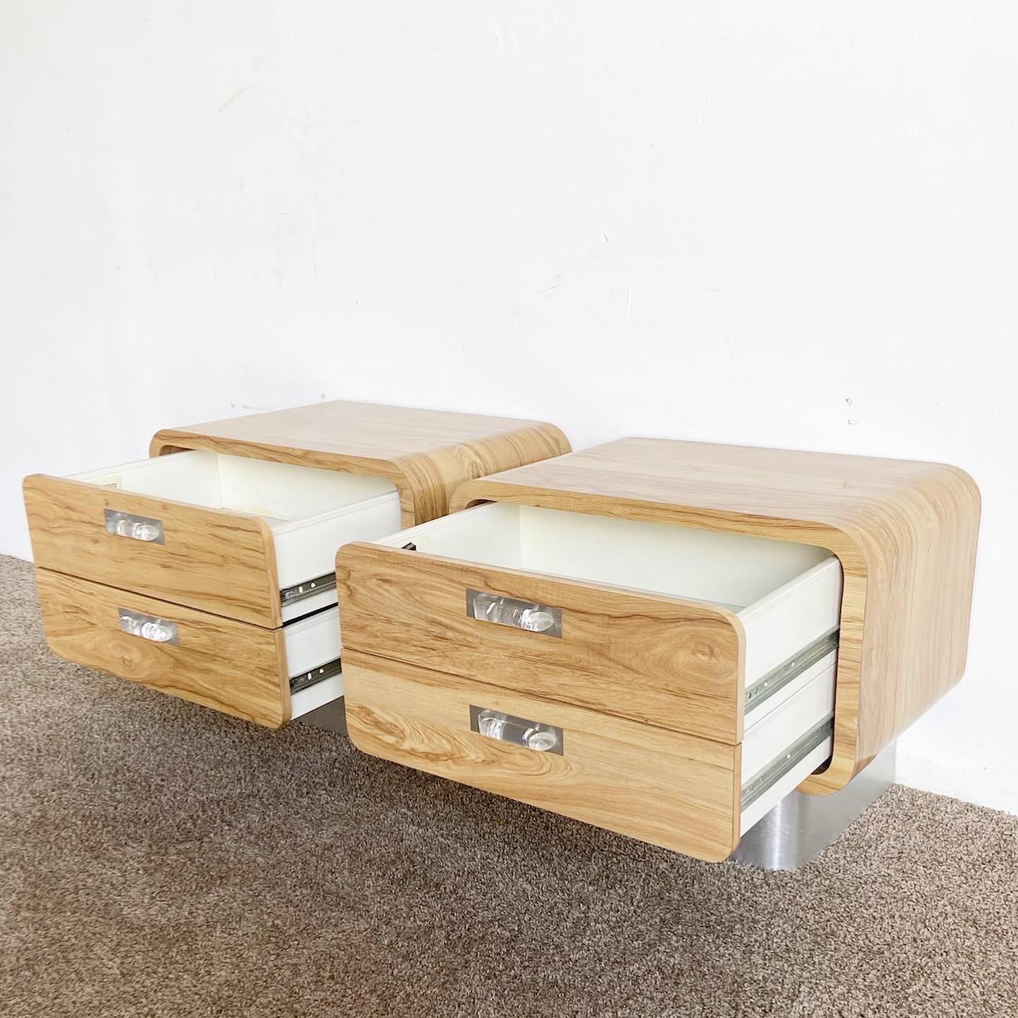 Postmodern Wood Grain and Brushed Steel Laminate Waterfall Nightstands ...