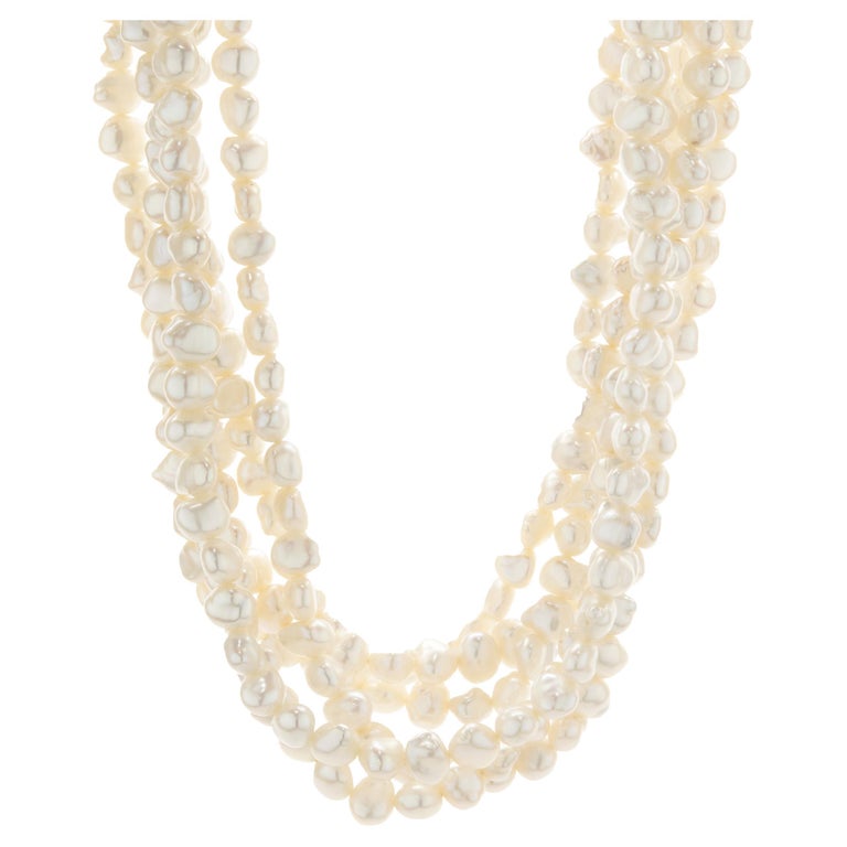 Potato Pearl Multi Strand Necklace With 14 Karat Yellow Gold Floral