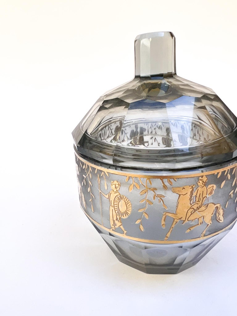 Potiche in Moser Gray Crystal with Pure Gold Decorations from the 1940s ...