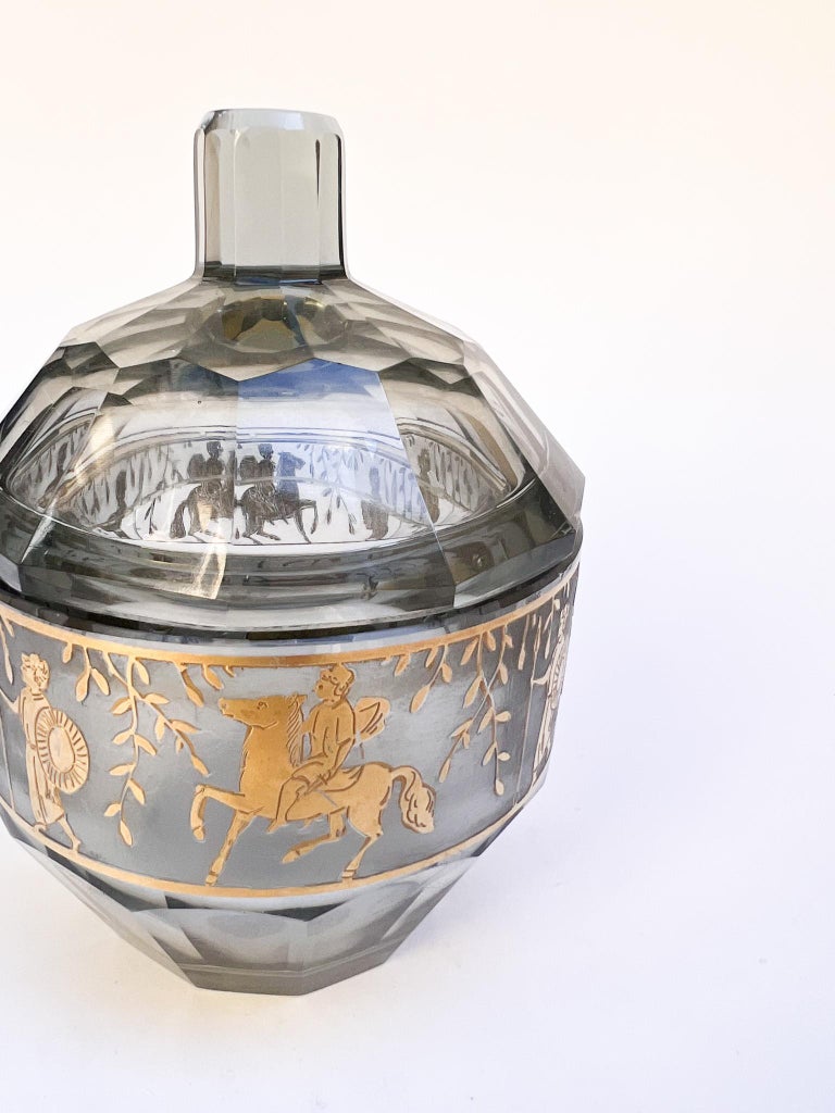 Potiche in Moser Gray Crystal with Pure Gold Decorations from the 1940s ...