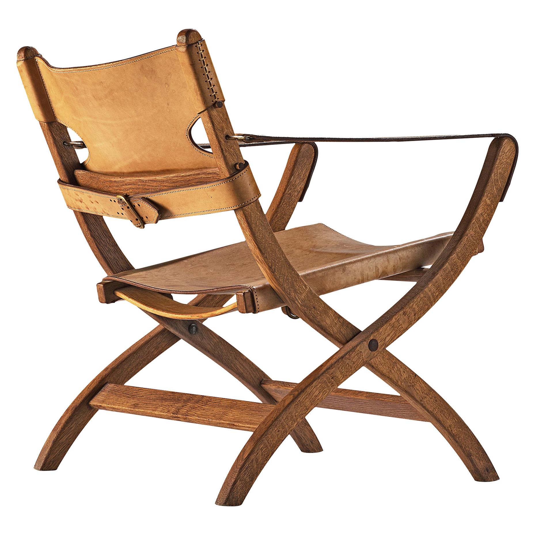 Continental Oak, Brass, and Faux Leather Folding Campaign Chair at 1stDibs