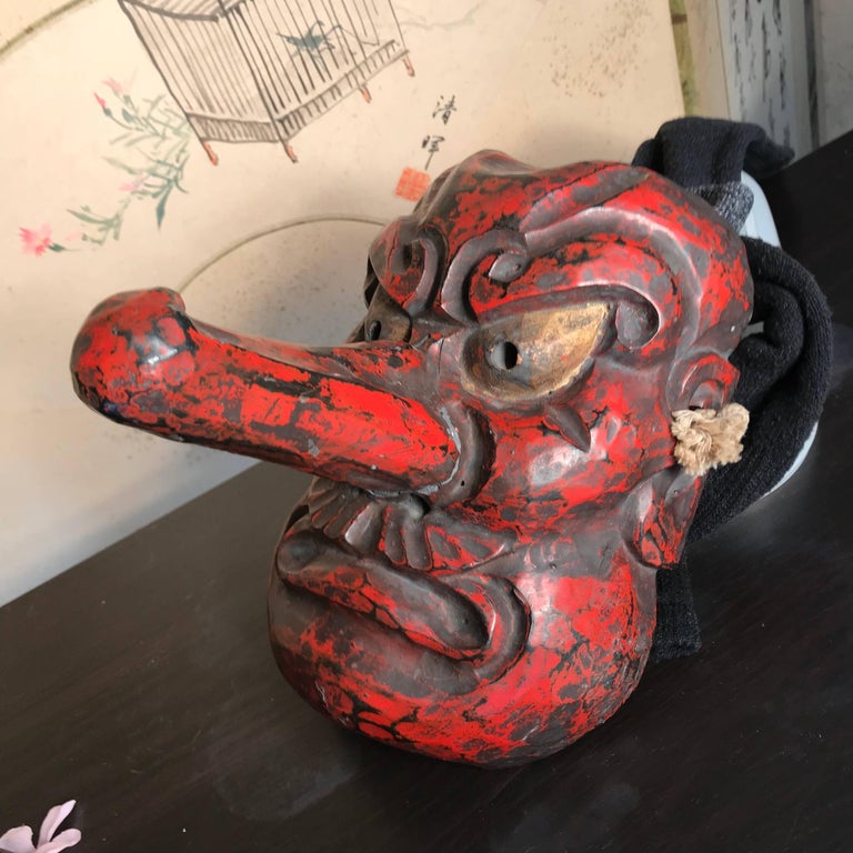 Powerful Japanese Antique Old Forest God Mask Tengu Dramatic Nose, 19th ...