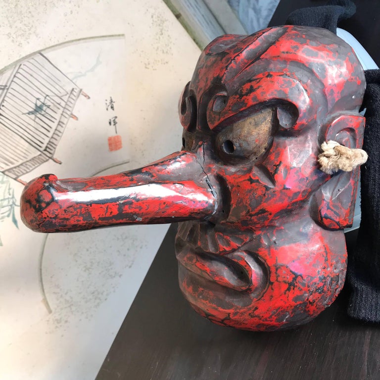 Powerful Japanese Antique Old Forest God Mask Tengu Dramatic Nose, 19th ...