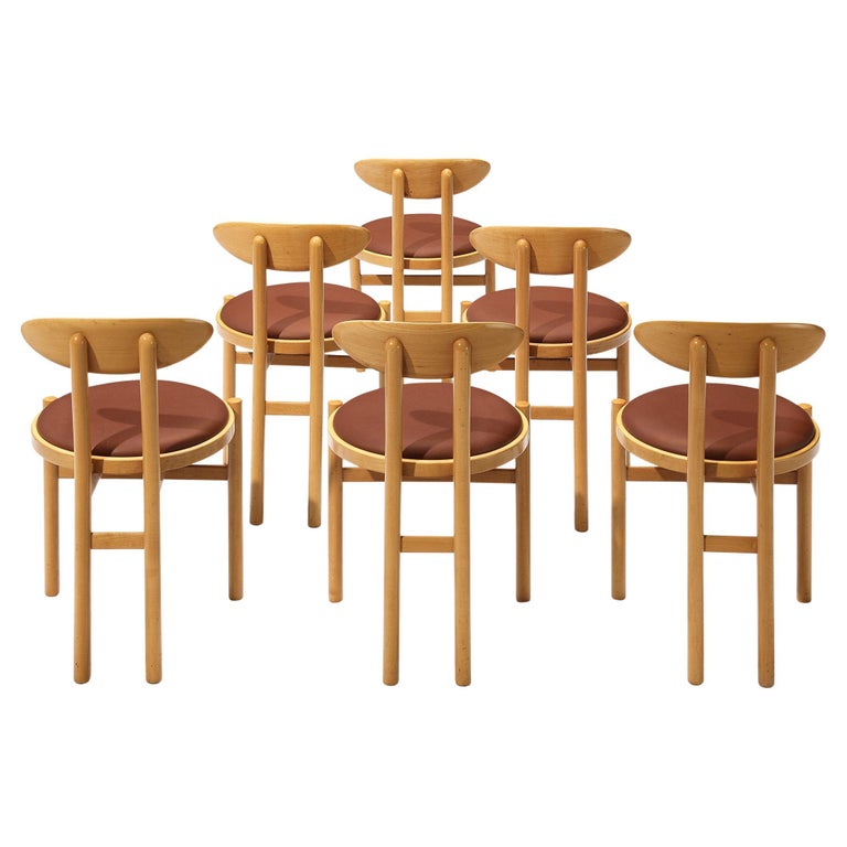 Pozzi Italian Set of Six Dining Chairs in Stained Wood and Brown ...