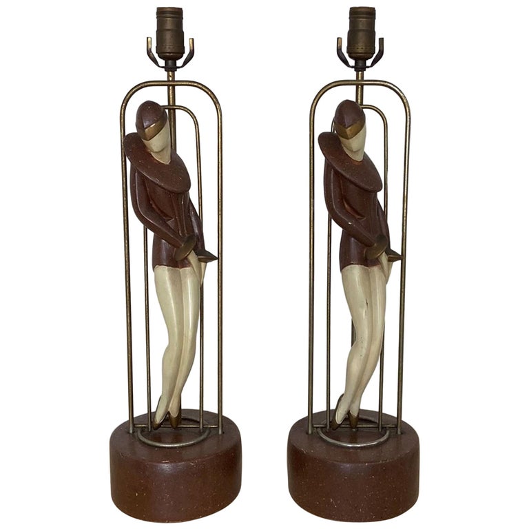 Pair of Art Deco Metal and Plaster Lamps with Stylized Flapper Women at ...