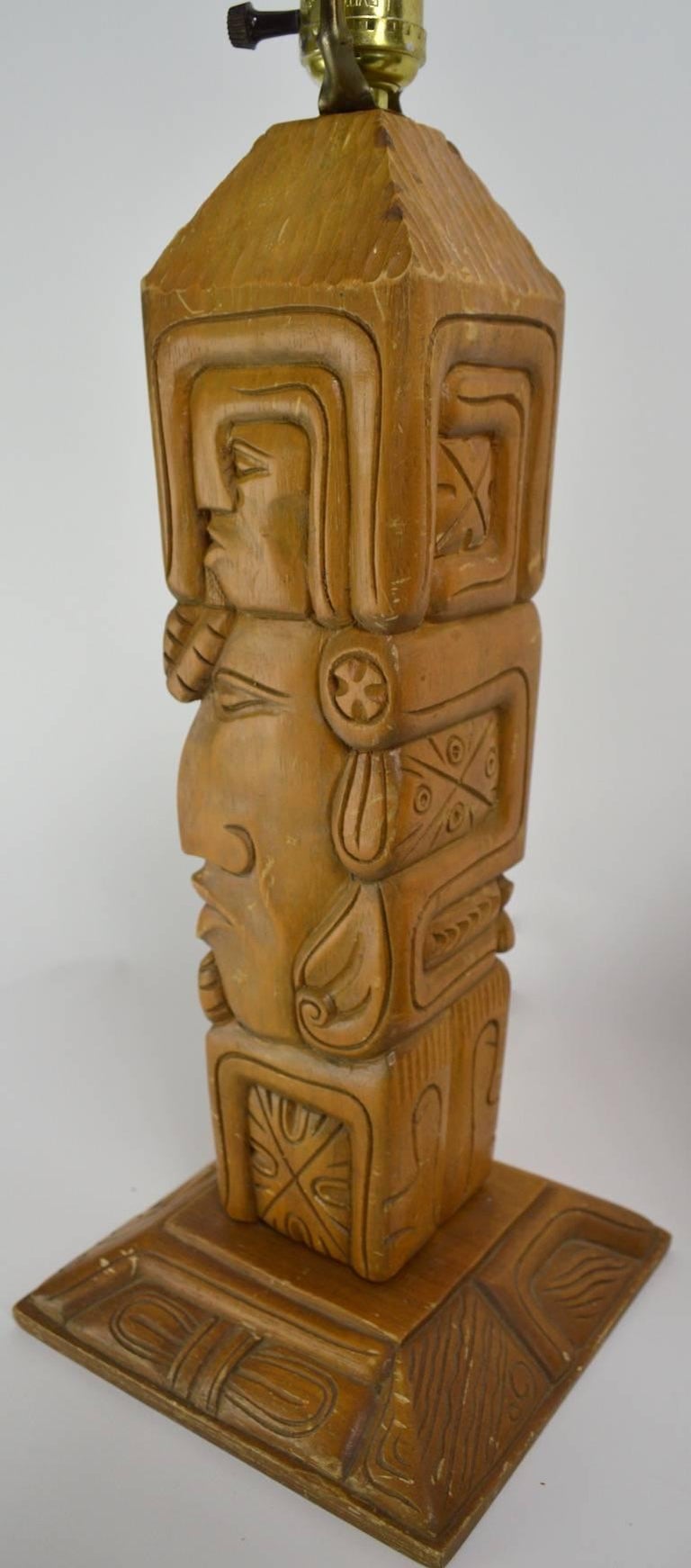 Pair of Aztec Motif Carved Wood Tiki Lamps For Sale at 1stDibs | aztec ...