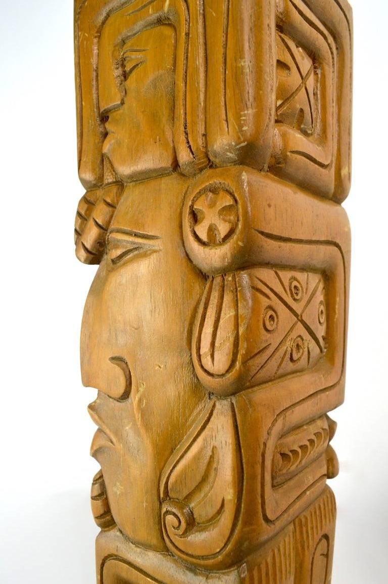 Pair of Aztec Motif Carved Wood Tiki Lamps For Sale at 1stDibs