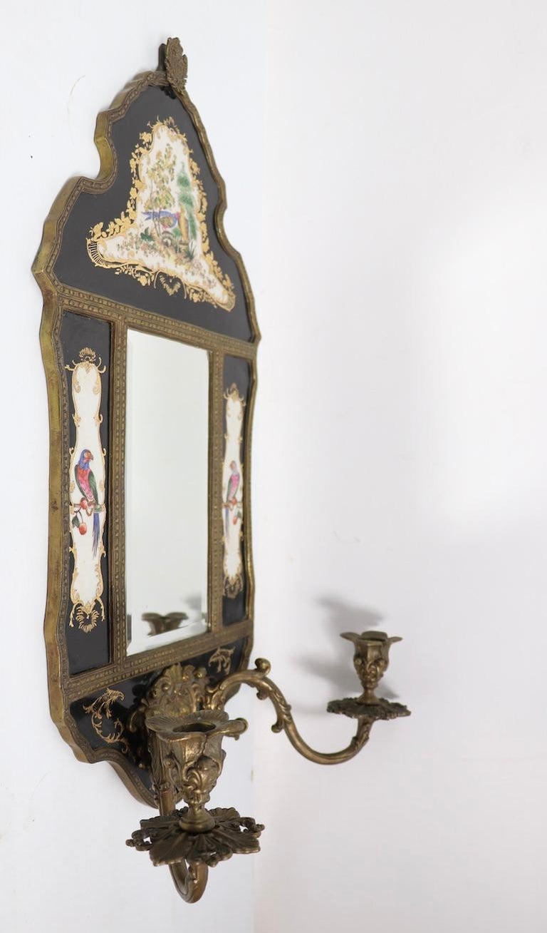 Pr. Brass Chinoiserie and Porcelain Mirrored Sconces Marked William ...