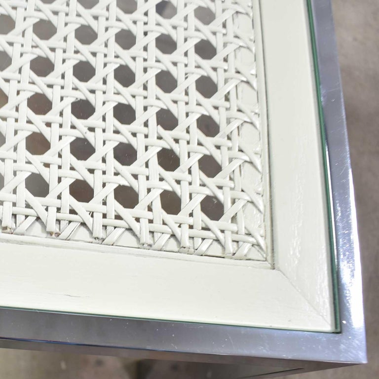 Pr Chrome and White Cane Square Side Tables Glass Top Mid-Century ...