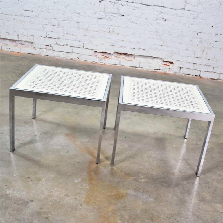 Pr Chrome and White Cane Square Side Tables Glass Top Mid-Century ...