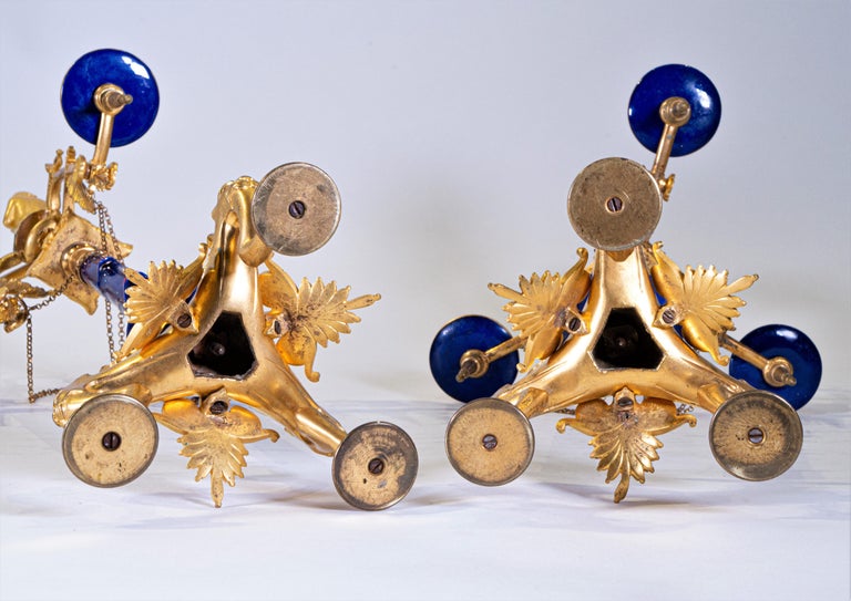 Pair of Neo-Grec Style 3-Arm Dore Bronze and Enamel Candelabras, F ...