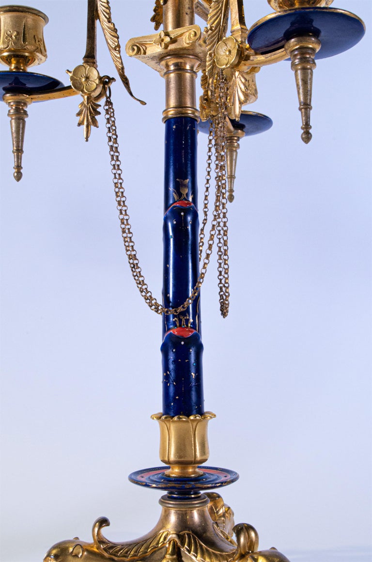 Pair of Neo-Grec Style 3-Arm Dore Bronze and Enamel Candelabras, F ...