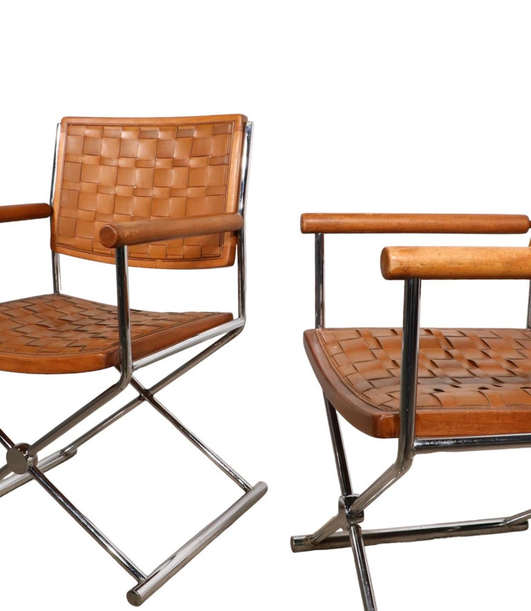 Pr. Leather Wood and Chrome Hollywood Regency Style Directors Chairs c ...