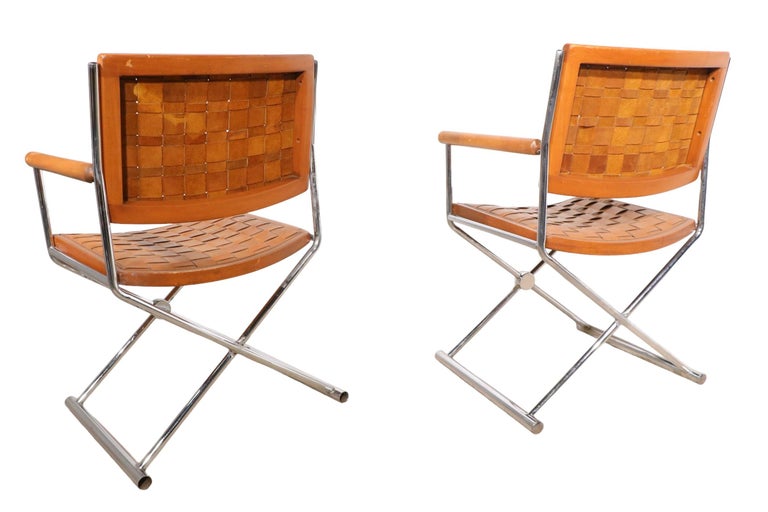 Pr. Leather Wood and Chrome Hollywood Regency Style Directors Chairs c ...