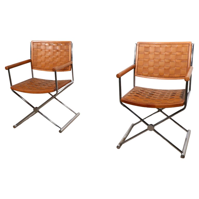 Pr. Leather Wood and Chrome Hollywood Regency Style Directors Chairs c ...