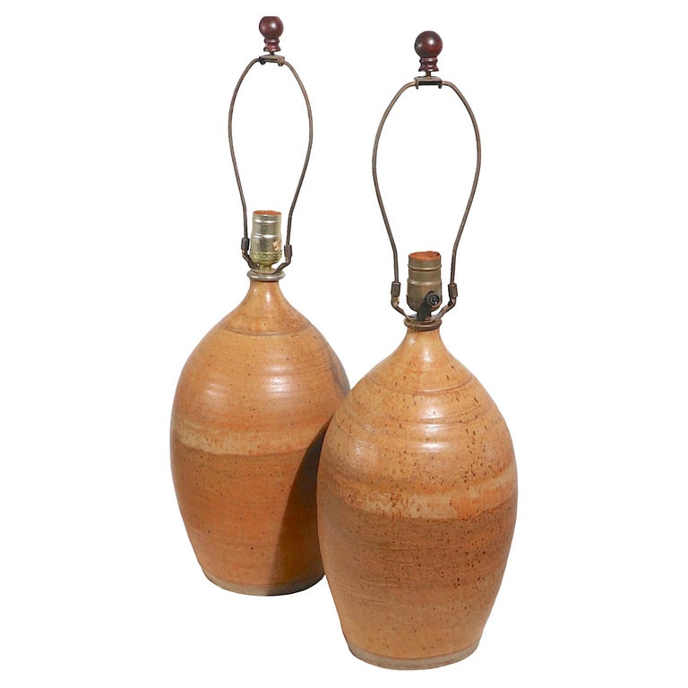 Pr. Mid-Century Earthenware Ceramic Pottery Jug Form Lamps Marked P For ...