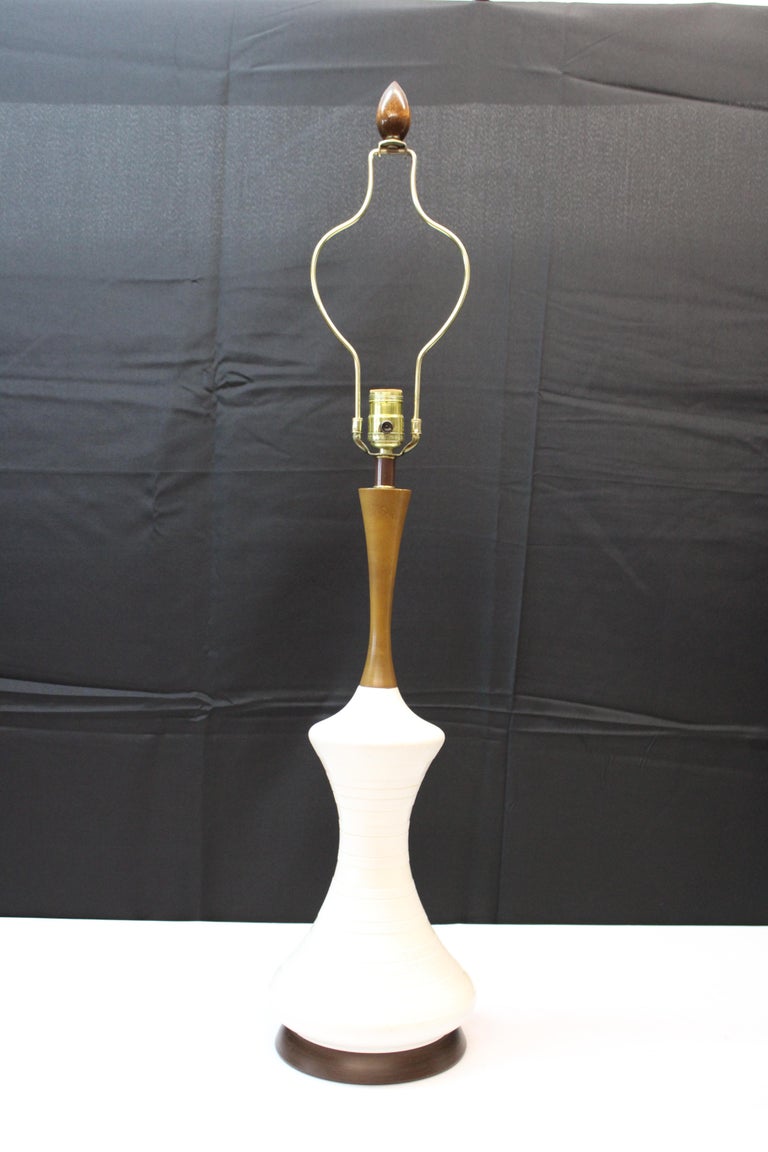 Pr Mid-Century Textured Ceramic Hourglass Shaped Lamps with Wood ...