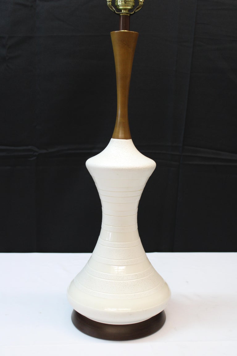 Pr Mid-Century Textured Ceramic Hourglass Shaped Lamps with Wood ...