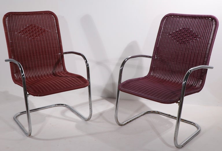 Pr. Tubular Chrome and Woven Plastic Cantilevered Lounge Chairs For ...