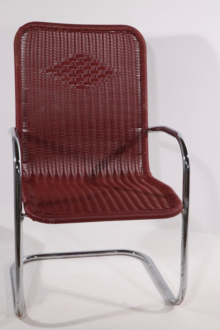 Pr. Tubular Chrome and Woven Plastic Cantilevered Lounge Chairs For ...