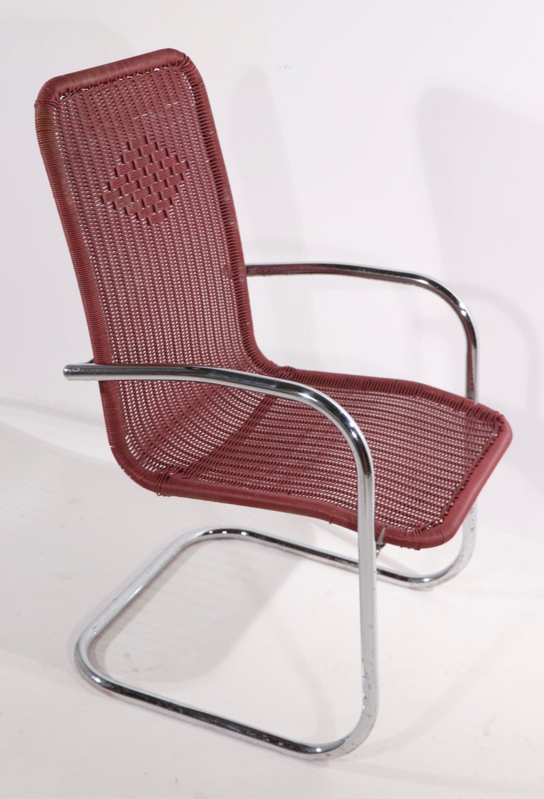 Pr. Tubular Chrome and Woven Plastic Cantilevered Lounge Chairs For ...