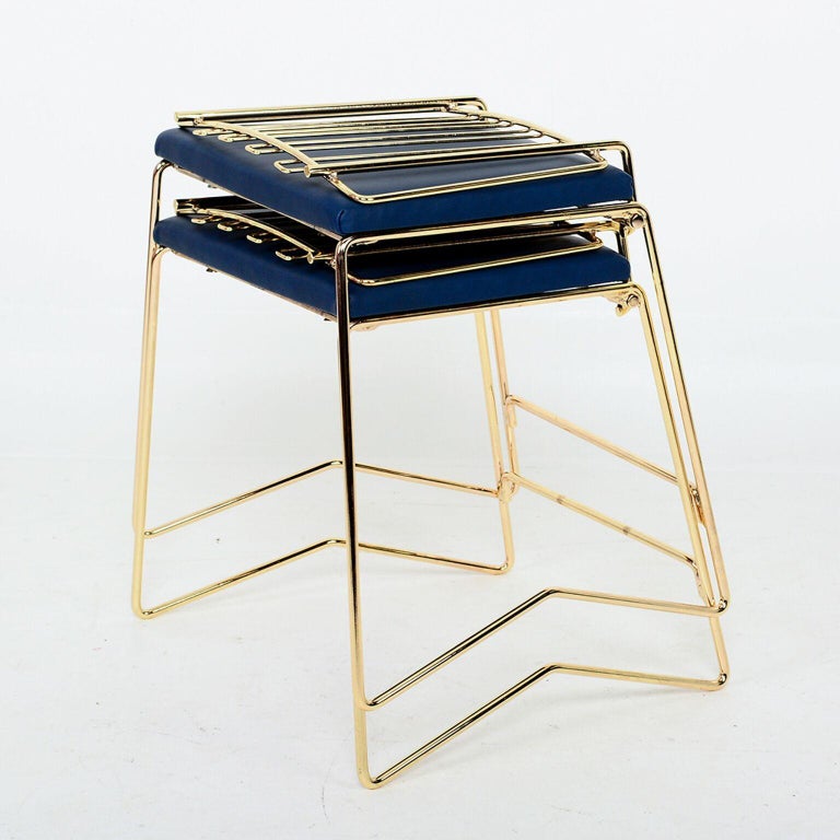 PR03 Stacking Fancy Folding Chair Brass Finish Faux Leather in Blue For ...