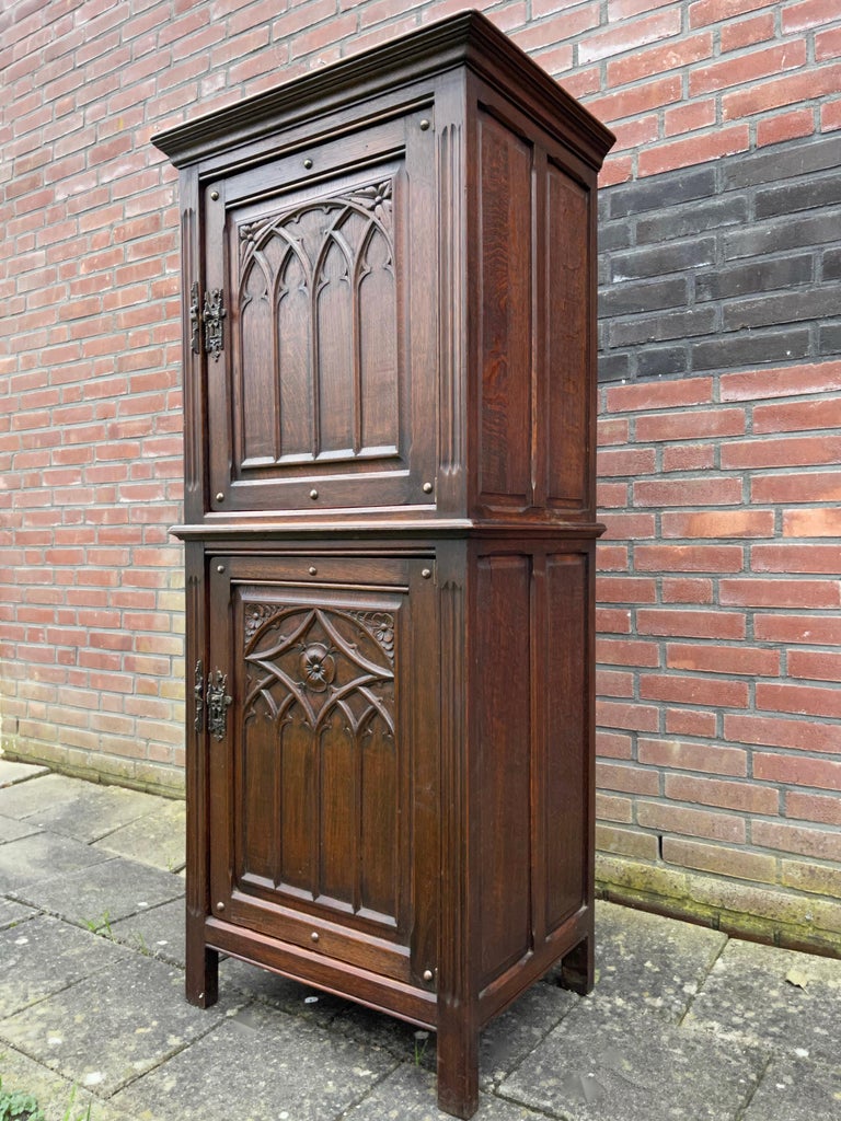 Practical Gothic Revival Carved Two Door Dry Bar Cabinet / Bookcase w ...