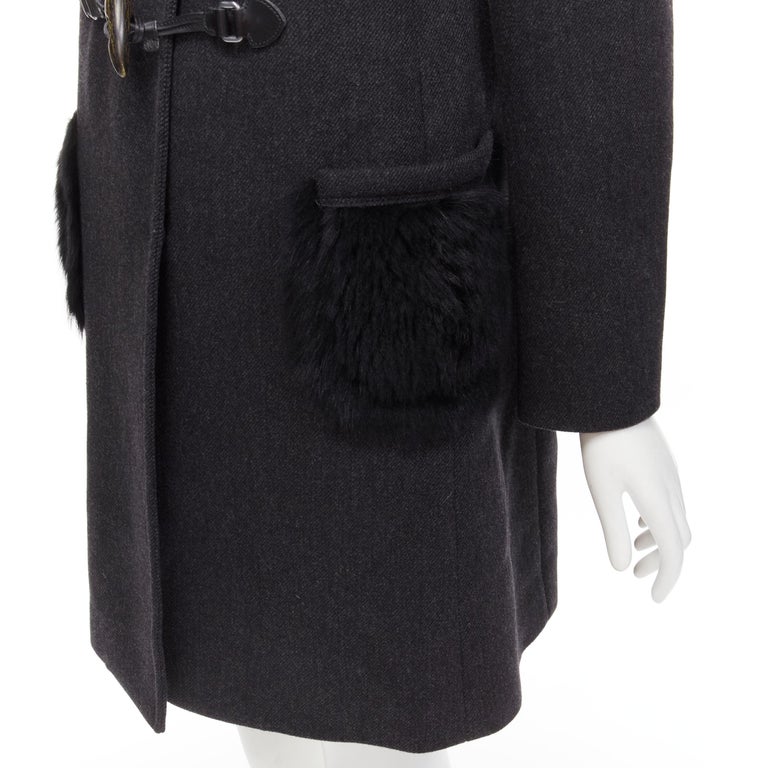 PRADA 2006 dark grey virgin wool faux fur patch pocket toggle coat IT40 ...