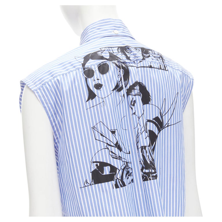 PRADA 2018 blue white striped cotton Comic print deconstructed sleeves ...