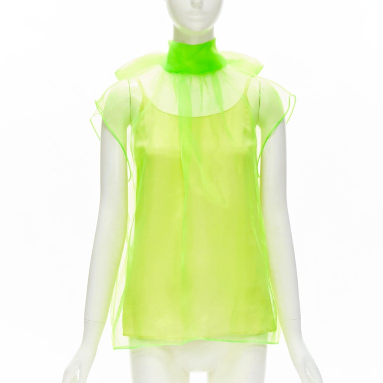 PRADA 2018 Runway neon fluorescent green bow tie neck sheer blouse top ...