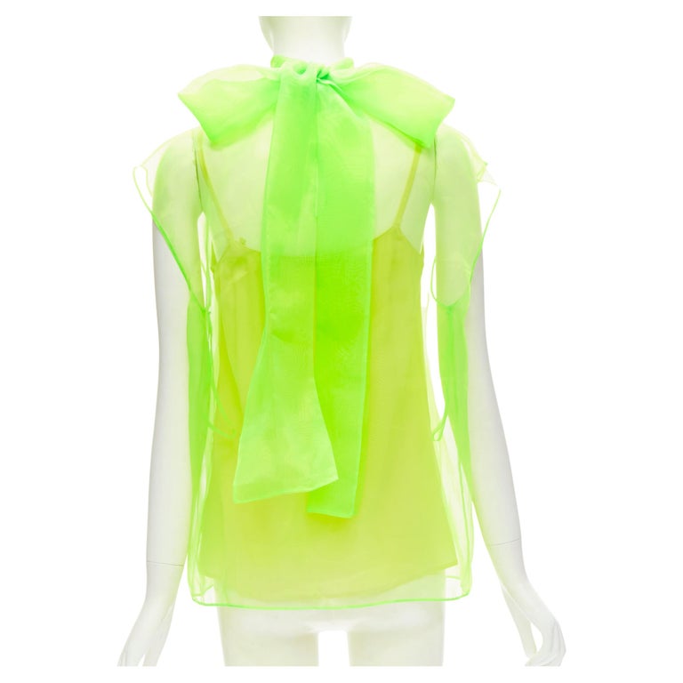 PRADA 2018 Runway neon fluorescent green bow tie neck sheer blouse top ...