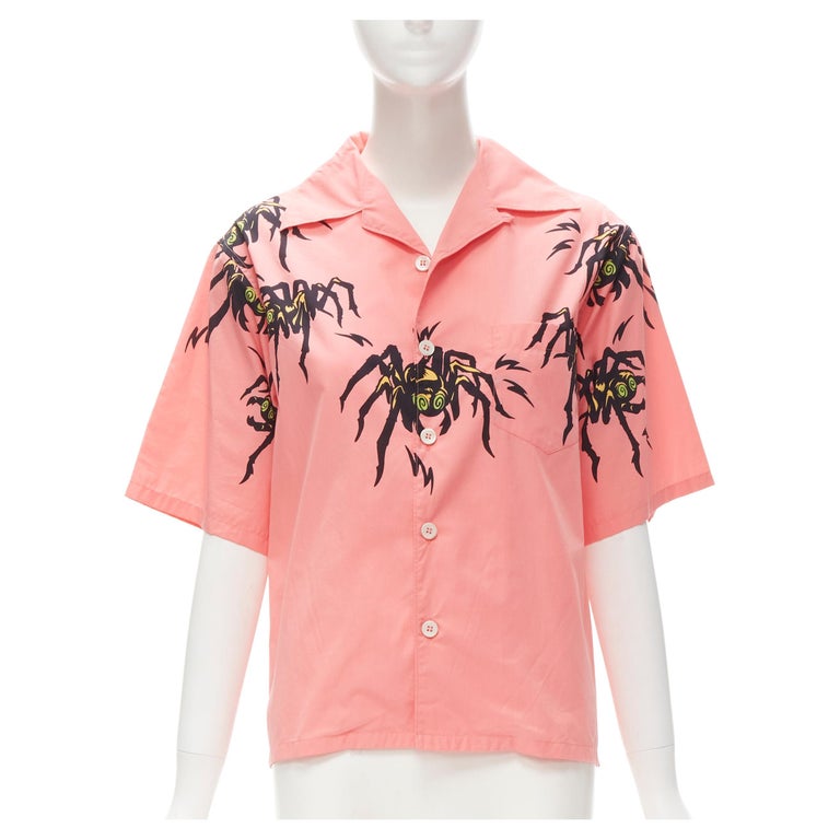 PRADA 2018 Runway pink Spider print short sleeve bowling shirt S at 1stDibs