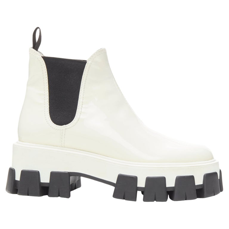 PRADA 2019 Monolith white patent lug sole platform ankle boot EU36 For Sale at 1stDibs