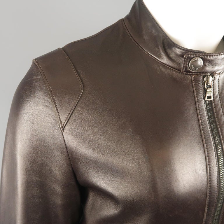 PRADA 38 Brown Leather Snap Collar Motorcycle Biker Jacket at 1stDibs