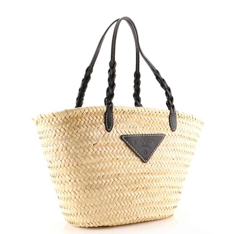 Prada Basket Tote Bag Straw with Leather For Sale at 1stDibs
