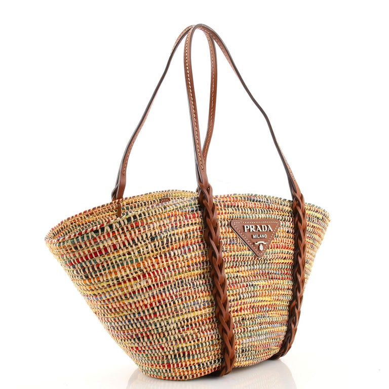 Prada Basket Tote Woven Raffia with Leather Medium For Sale at 1stDibs