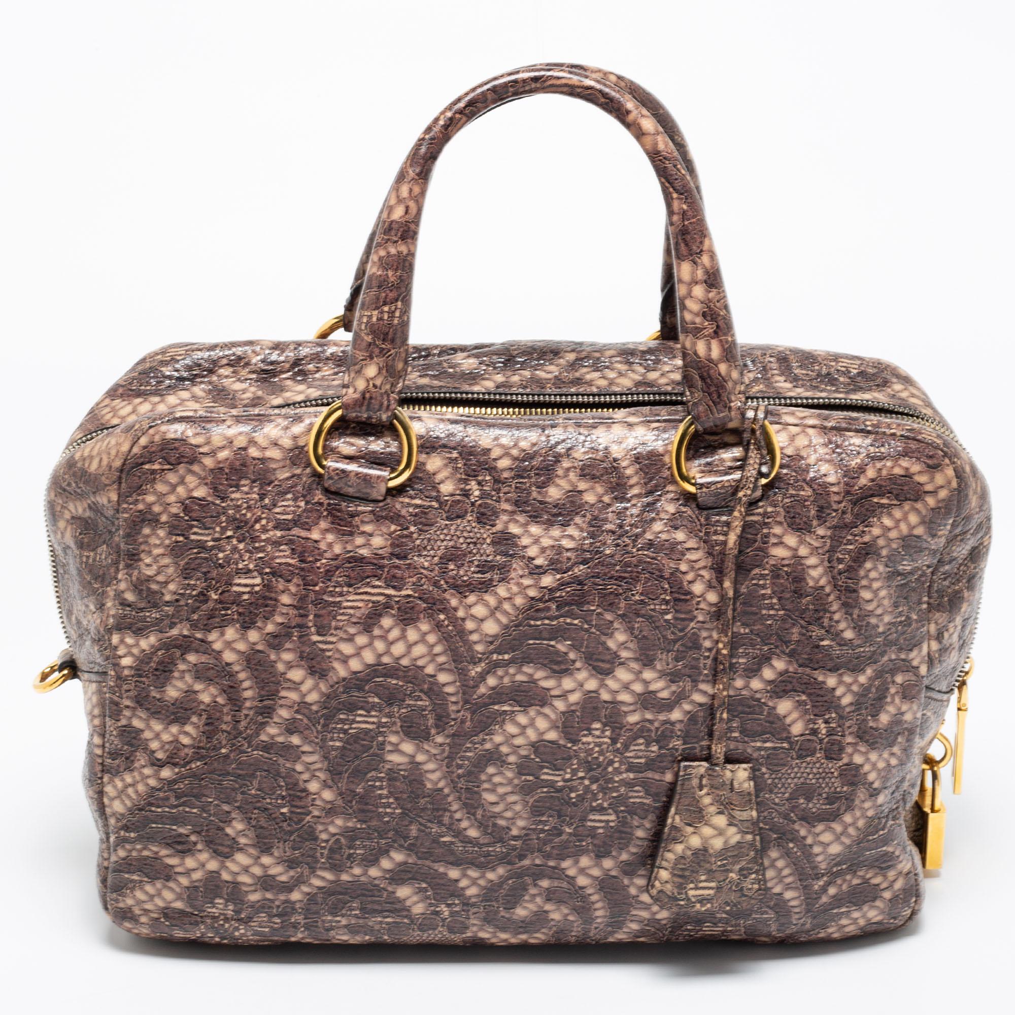 Prada Beige/Brown Talco Lace Print Cervo Leather Bowler Bag at 1stDibs ...