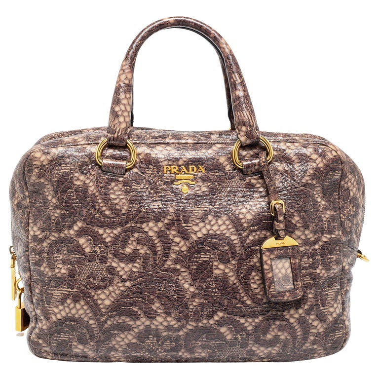 Prada Beige/Brown Talco Lace Print Cervo Leather Bowler Bag For Sale at ...
