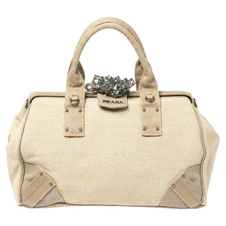 Prada Beige Canvas Mistolino Cluster Crystal Embellished Frame Bag at ...