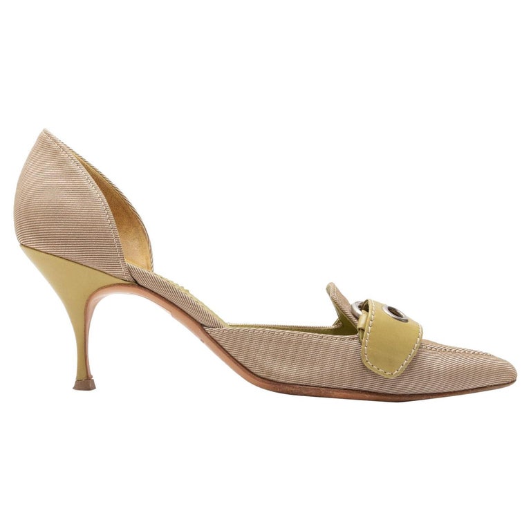 Prada Beige and Chartreuse Canvas and Leather Pointed-Toe Buckle Pumps ...