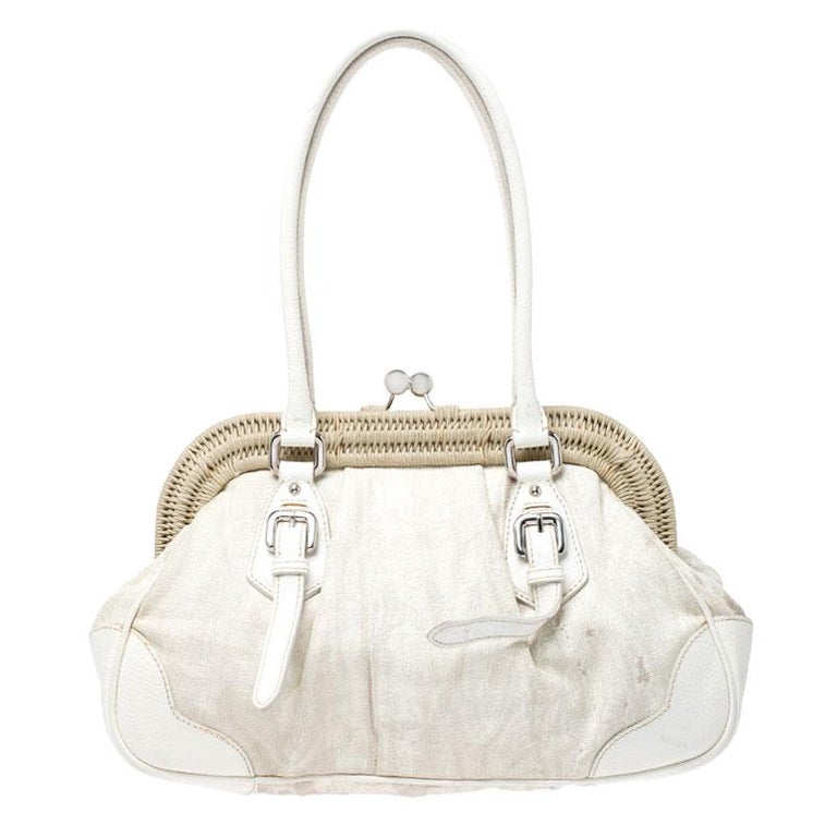 Prada Beige/Cream Canvas and Leather Kiss Lock Satchel For Sale at 1stDibs