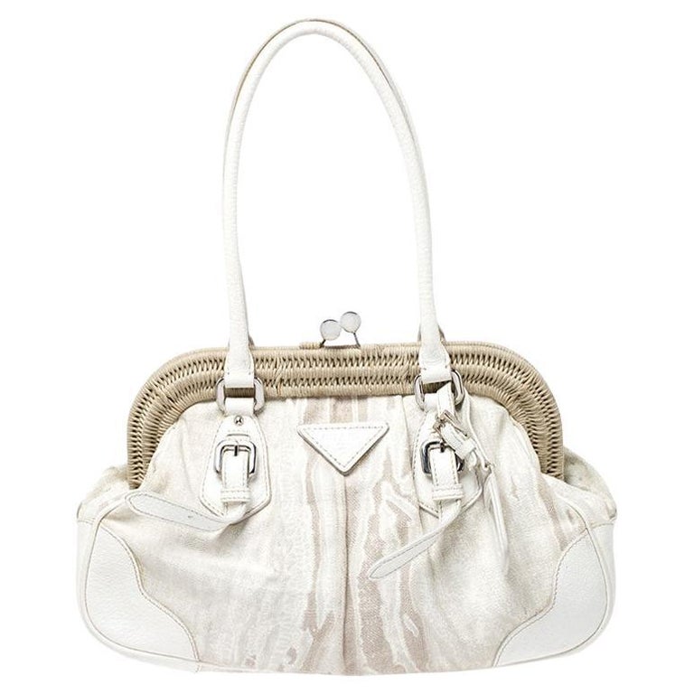Prada Beige/Cream Canvas and Leather Kiss Lock Satchel For Sale at 1stDibs