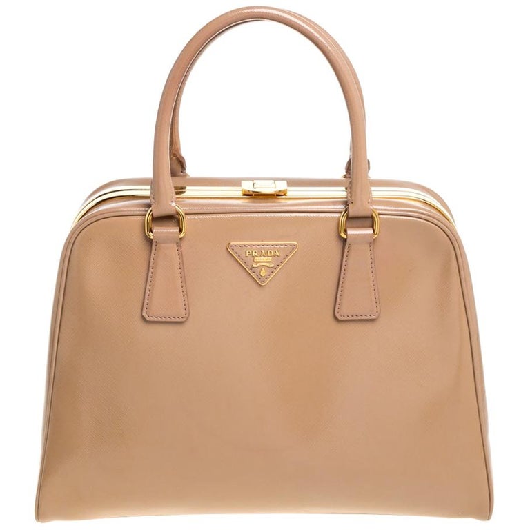Prada Beige Patent Leather Pyramid Frame Satchel at 1stDibs