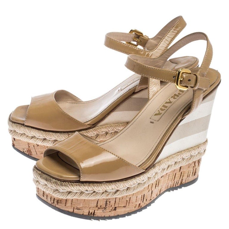 Prada Beige Patent Leather Stripe Cork Platform Wedge Sandals Size 37 ...