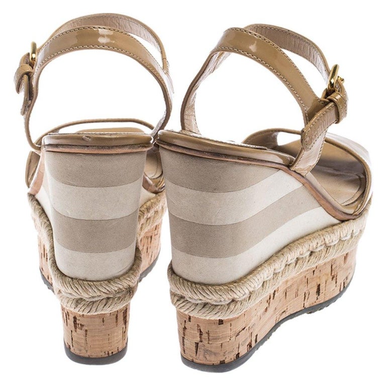 Prada Beige Patent Leather Stripe Cork Platform Wedge Sandals Size 37 ...