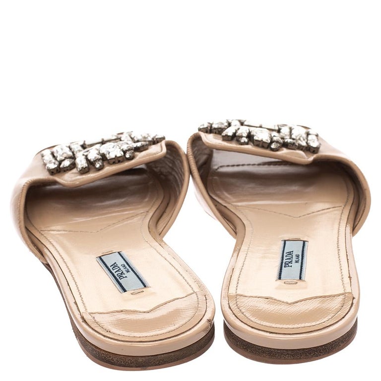 Prada Beige Patent Saffiano Leather Crystal Embellished Flat Slides ...