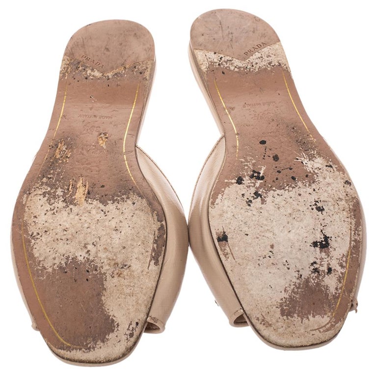 Prada Beige Patent Saffiano Leather Crystal Embellished Flat Slides ...