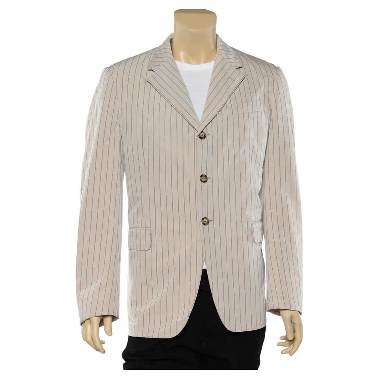 Prada Beige Pinstriped Cotton Button Front Blazer XL For Sale at 1stDibs