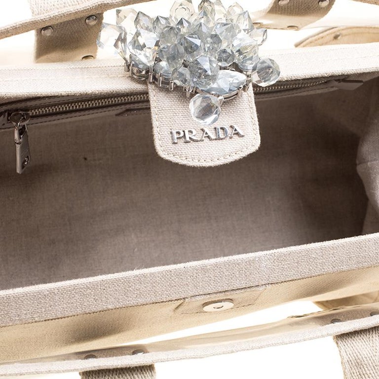 Prada Beige PVC and Canvas Plex Mistolino Frame Satchel For Sale at 1stDibs